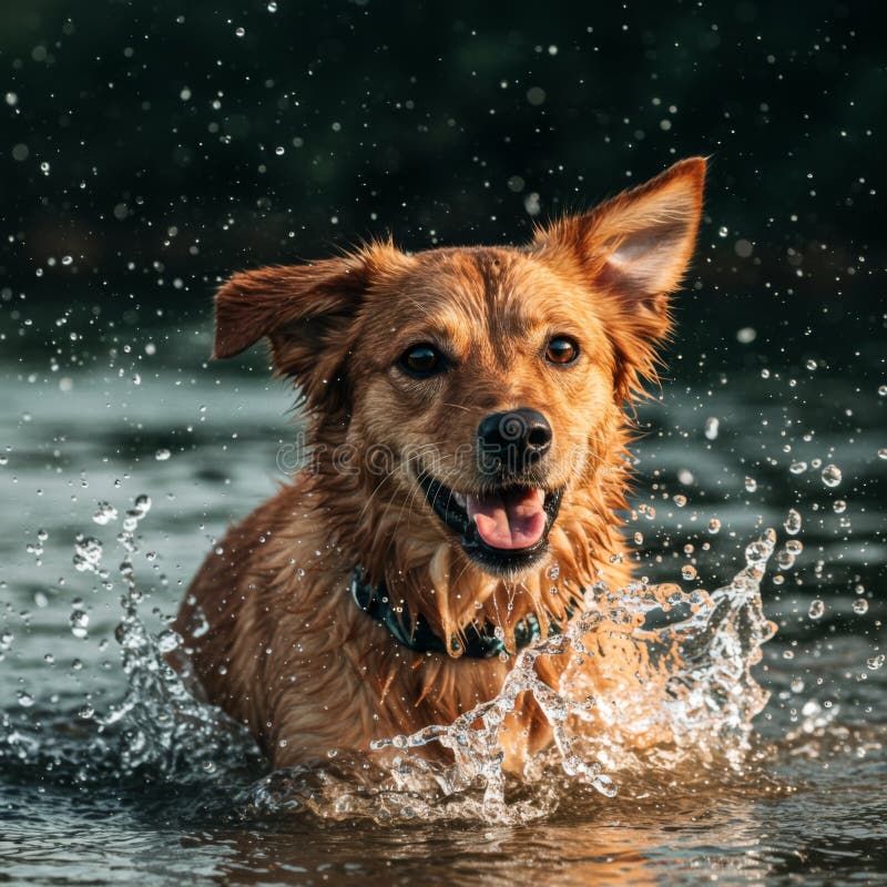 Golden Dog Swimming and Splashing in Dark Water Stock Illustration ...