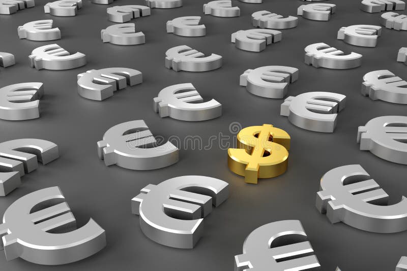 Golden Dollar Sign in the Midst of Silver Euro Signs. 3D Rendering ...