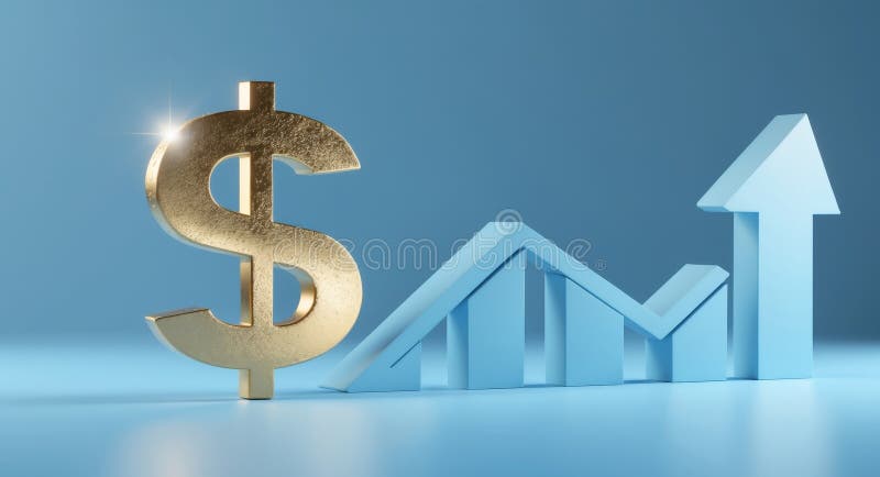 Golden Dollar Sign with Upward Arrow on Blue Background. Stock Photo ...