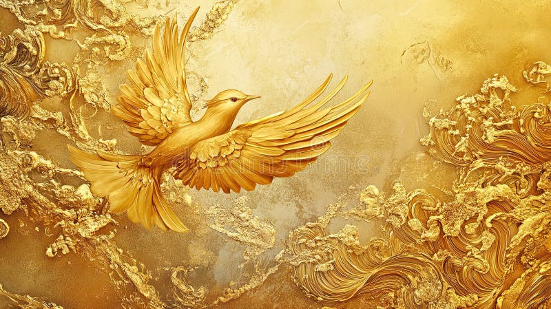 Golden Dove in Flight Against Ornate Gold Background Stock Illustration ...