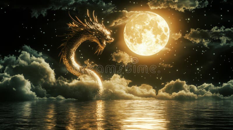 Golden Dragon Ascends Under Night Sky Moon Stock Illustration ...