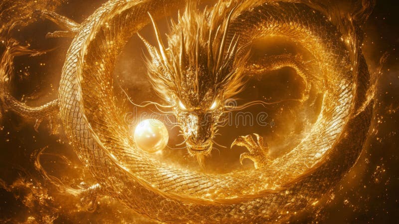 A Golden Dragon Coiling Around a Luminous Orb Stock Illustration ...