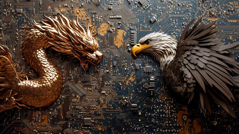 A Golden Dragon and an Eagle Face Off on a Circuit Board, Symbolizing ...