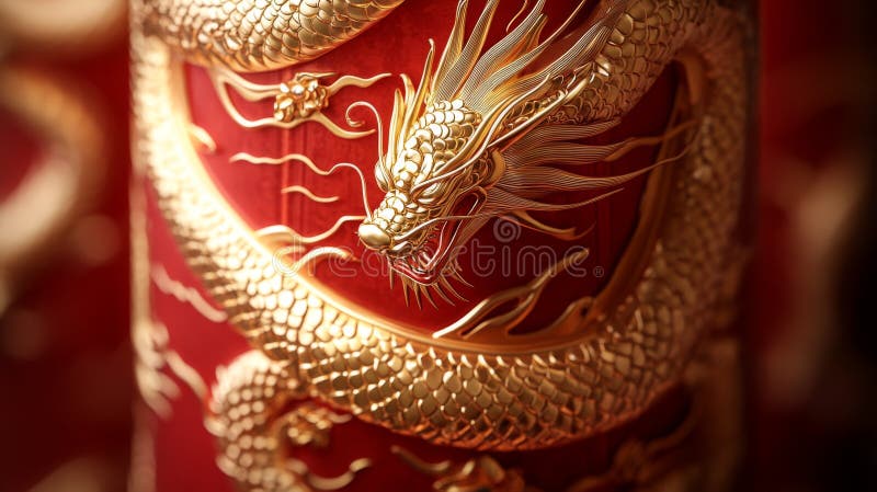 Golden Dragon Embellishment on Red Background Stock Illustration ...