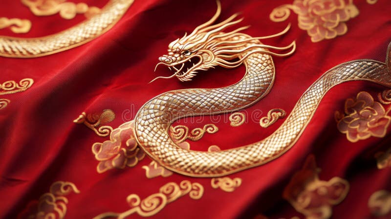 Golden Dragon Embroidered on Red Silk Fabric Stock Illustration ...