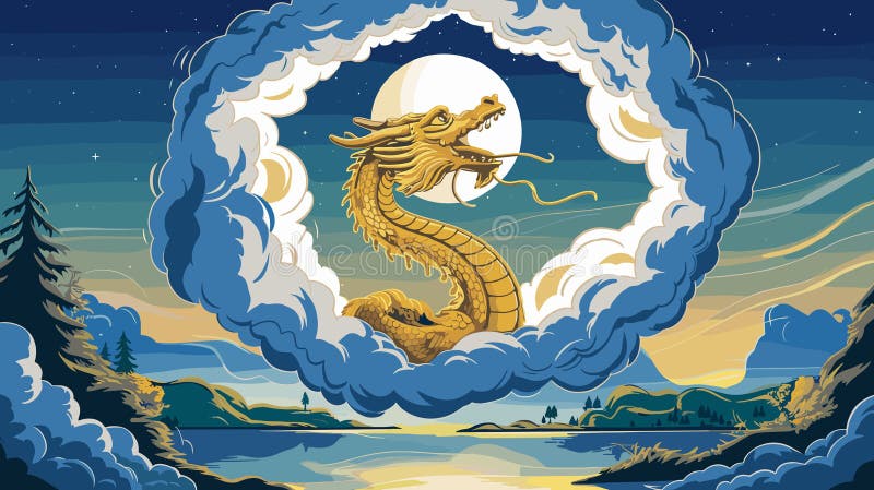 Golden Dragon Emerging from Cloud Formation, Illuminated by Full Moon ...