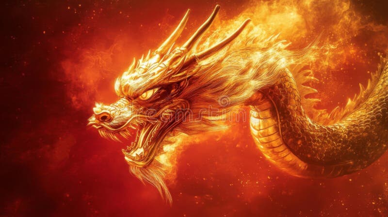 A Golden Dragon Emerging from Flames Stock Illustration - Illustration ...