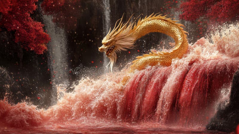 Golden Dragon Emerging from a Red Waterfall Stock Illustration ...