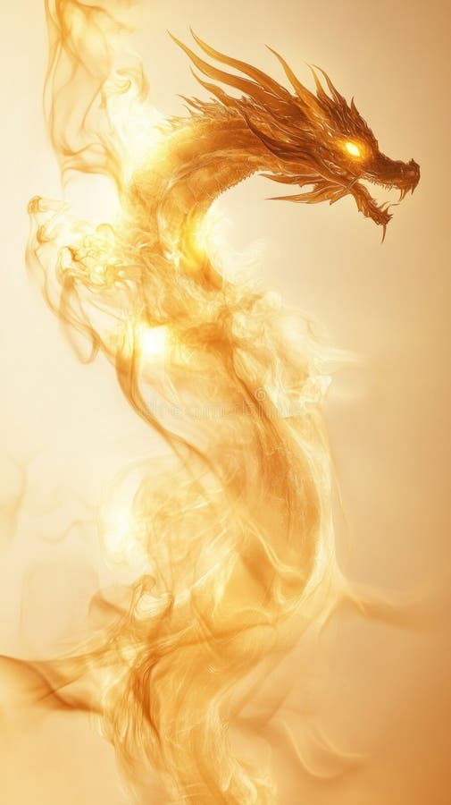 Golden Dragon Emerging from Smoke and Fire on Light Background Stock ...