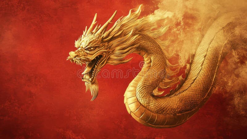 A Golden Dragon with a Fierce Expression and a Flaring Mane Stock ...