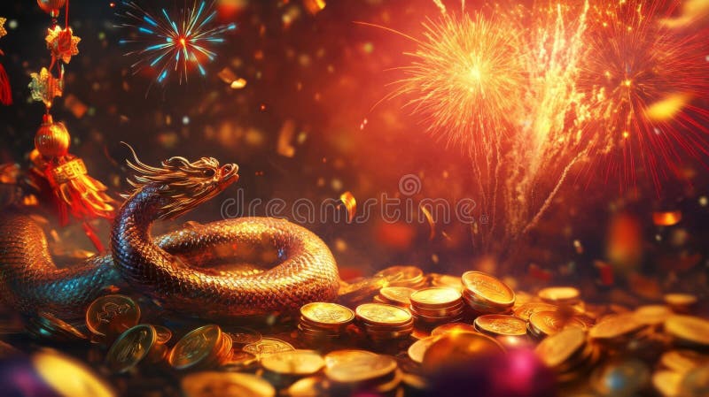 Golden Dragon, Fireworks, and Coins in a Festive Celebration Stock ...