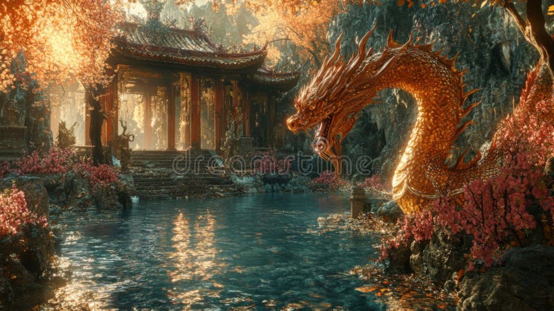 Golden Dragon Guards Autumnal Temple Pond Stock Illustration ...
