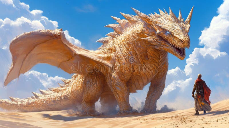 Golden Dragon and Human Figure in Desert Landscape Stock Illustration ...