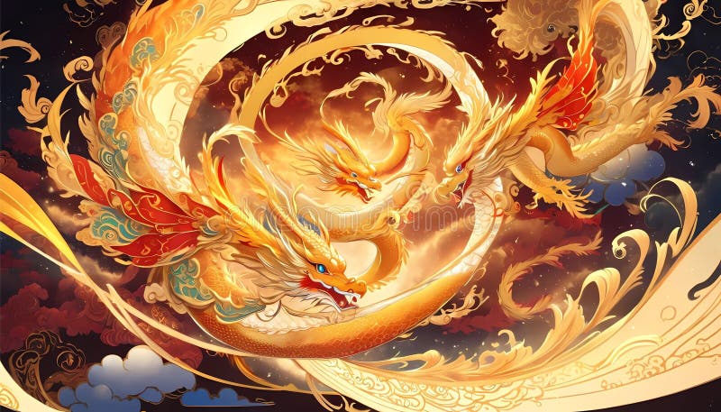 Golden Dragon and Phoenix Dance Stock Illustration - Illustration of ...