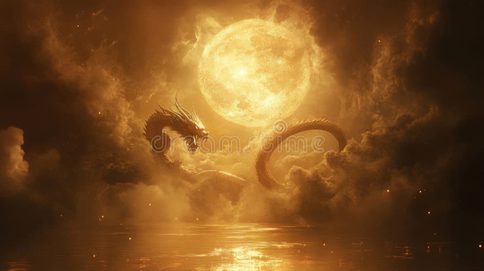 Golden Dragon Soaring through Clouds Underneath a Large Moon Stock ...