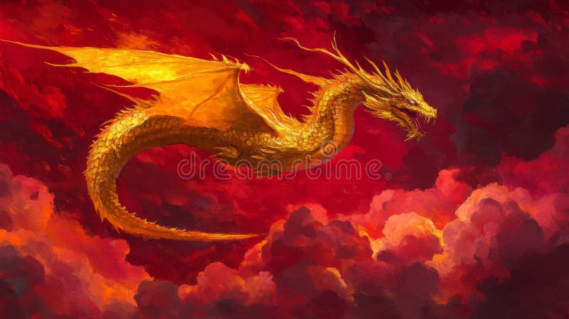 A Golden Dragon Soaring through a Crimson Sky Stock Illustration ...