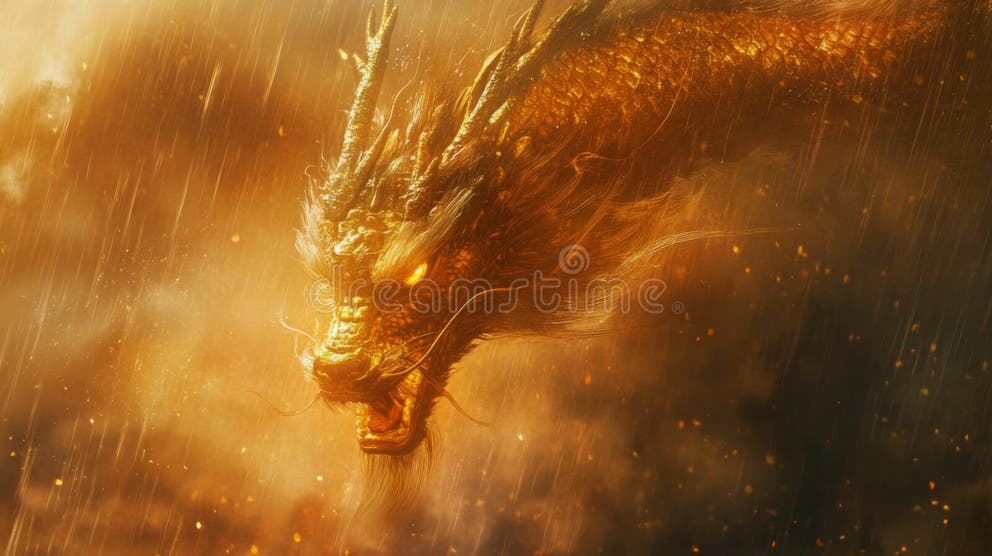 Golden Dragon Soaring through Rain and Fire Stock Illustration ...