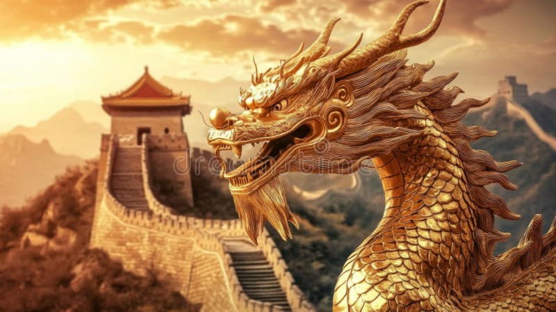 Golden Dragon Statue Against the Great Wall of China Stock Illustration ...