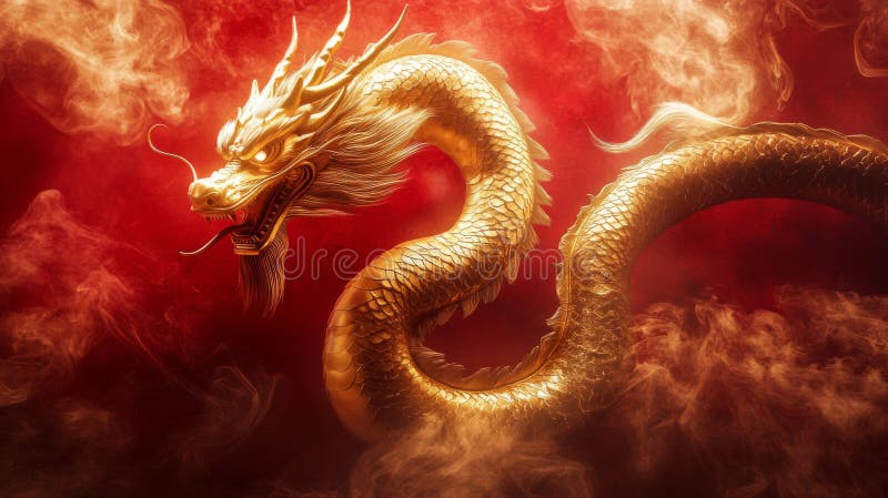 A Golden Dragon Wrapped in Smoke Against a Red Background Stock Image ...