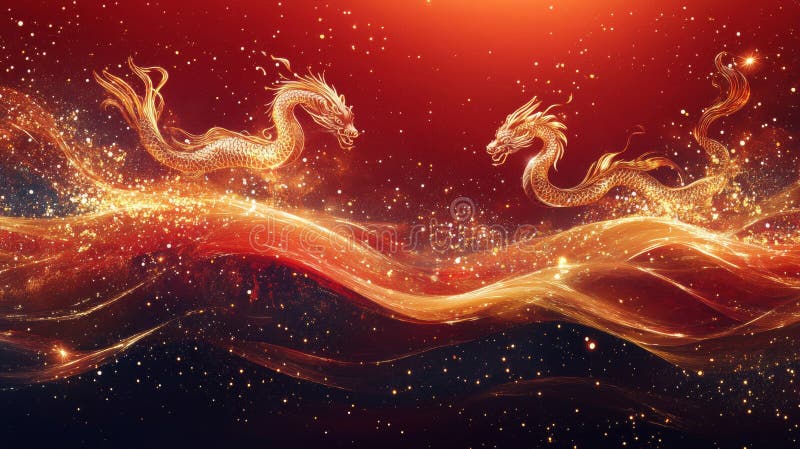 Golden Dragons Dancing Above Red Celestial Waves Stock Illustration ...