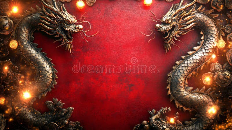 Golden Dragons Frame Red Background with Lights Stock Illustration ...