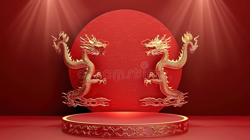 Golden Dragons on a Red Platform Stock Illustration - Illustration of ...