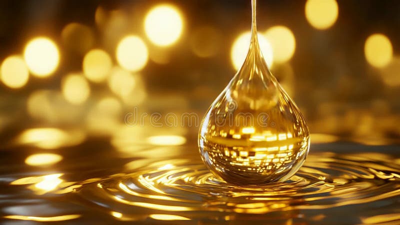 Golden Drop Creating Ripples on Liquid Surface with Bokeh Background ...