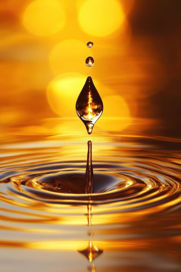 Golden Drop of Oil Falling into a Pool Creating Ripples and Reflections ...