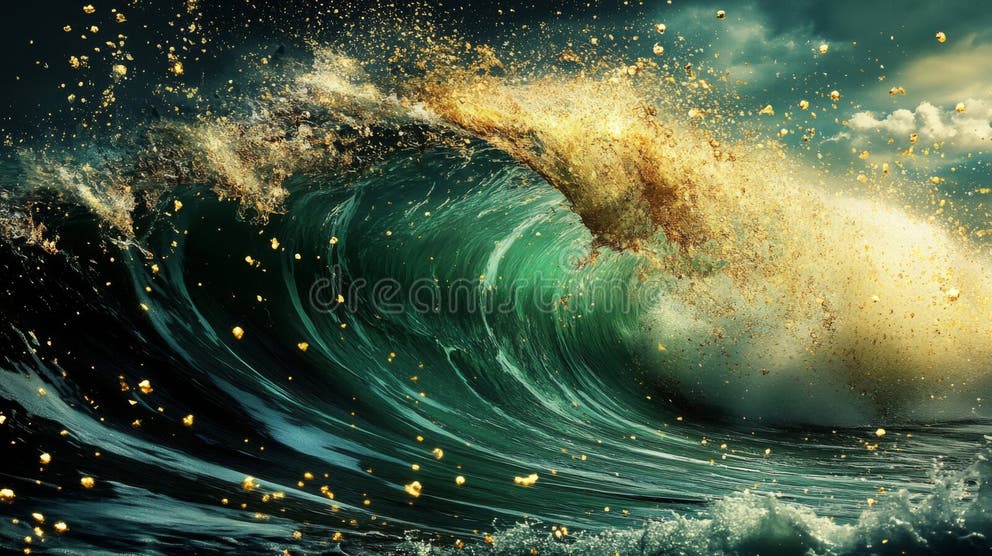 Golden Dust Exploding from a Giant Ocean Wave Stock Illustration ...