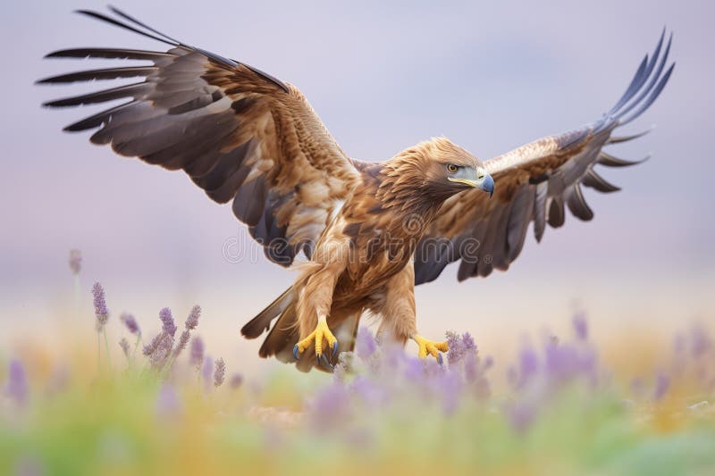 Golden Eagle in a Dynamic Pose Amid Wildflowers Stock Image - Image of ...