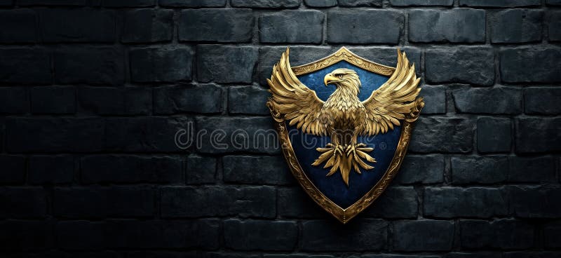 Golden Eagle Emblem on Blue Shield Against Dark Stone Wall Background ...