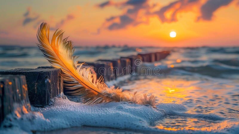 Golden Eagle Feather on Weathered Pier at Sunset Independence Day Stock Illustration ...