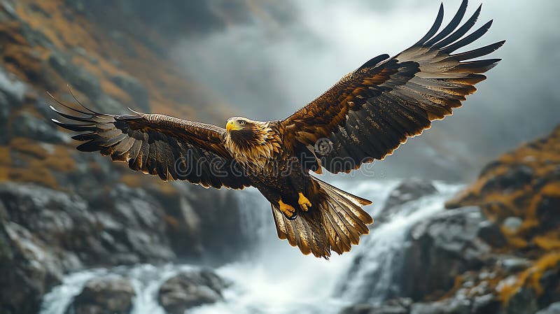 Golden Eagle in Flight Over Waterfall Mountainscape Stock Illustration ...