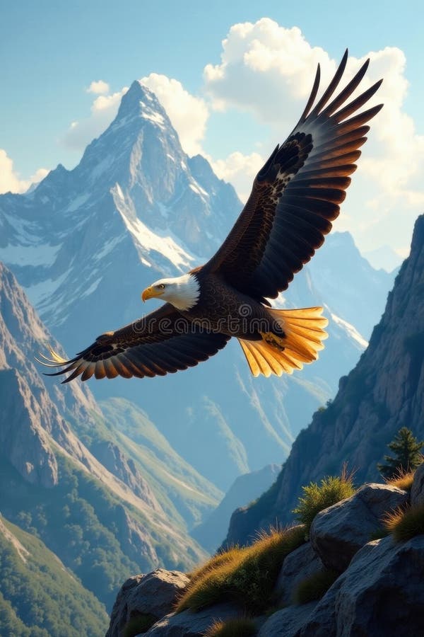 Golden Eagle in Majestic Flight Over Rugged Peaks, Habitat, Wild Stock ...