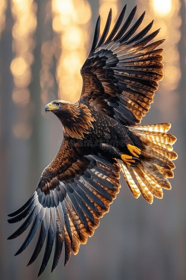 Golden Eagle in Mid Flight with Glowing Feathers, Showcasing Its Majestic Wings Stock Photo ...