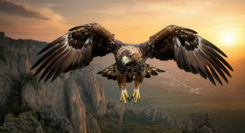 Majestic Golden Eagle in Flight Over Mountain Landscape at Sunset Stock Photo - Image of ...