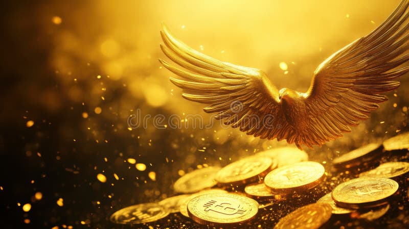Golden Eagle Sculpture Soaring Above Shiny Coins and Sparkles Stock ...