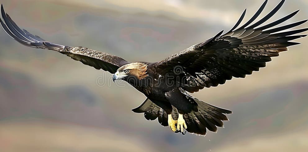 A Golden Eagle Soaring Gracefully in Flight Against a Blurred Natural ...