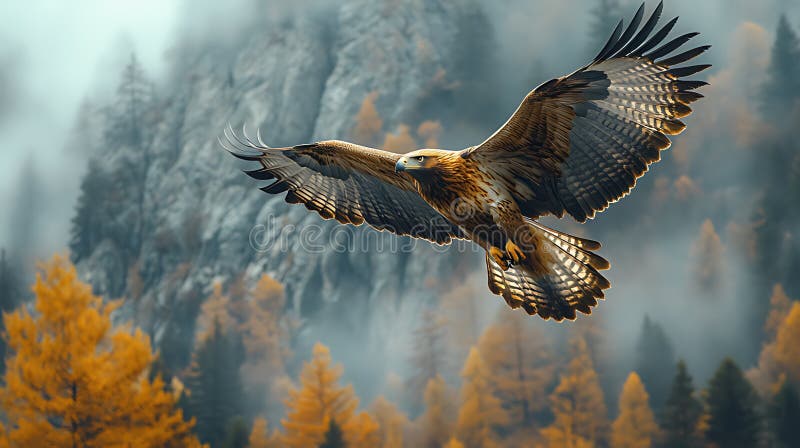Golden Eagle Soaring, Misty Autumn Mountains Stock Illustration - Illustration of golden ...