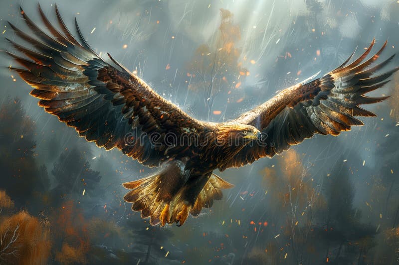 Golden Eagle Soaring through a Misty Forest Stock Image - Image of ...