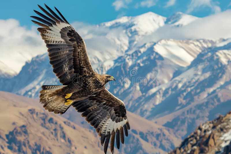 Golden Eagle Soaring Over Mountain Peaks with Snow Covered Slopes Stock ...
