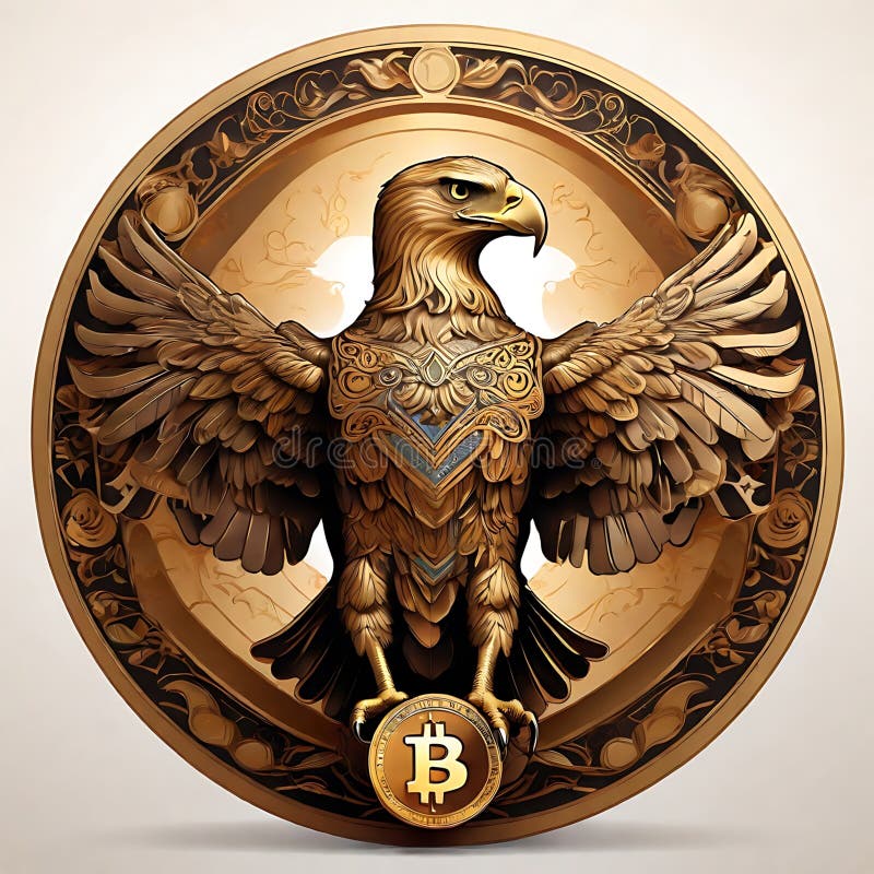 Golden Eagle with Spread Wings Stands Guard on a Digital Bitcoin in a ...