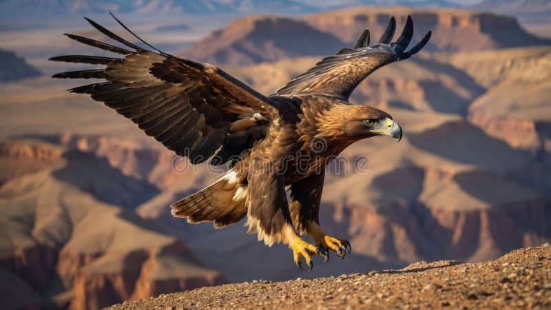 A Golden Eagle Takes Flight Over a Vast, Rugged Landscape Stock ...