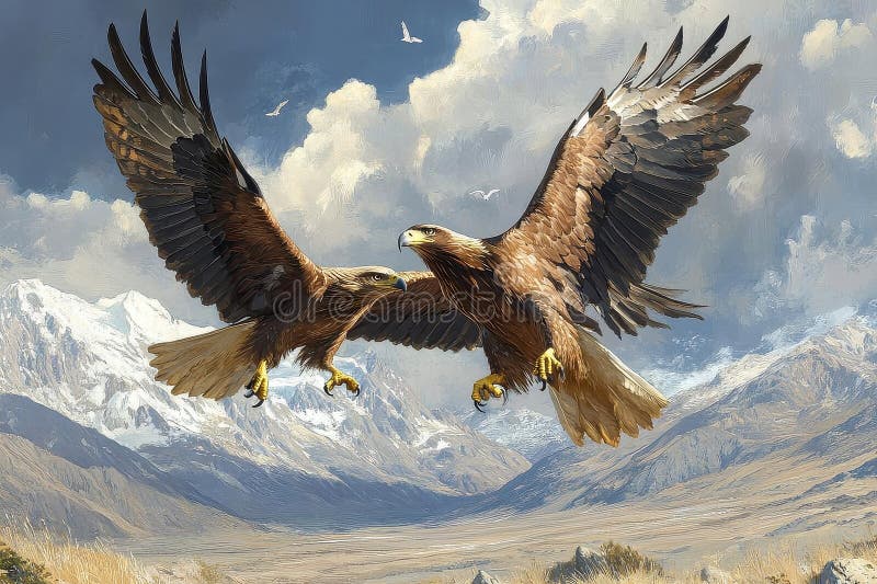 Golden Eagles Soaring Over Majestic Mountains Stock Illustration - Illustration of predator ...