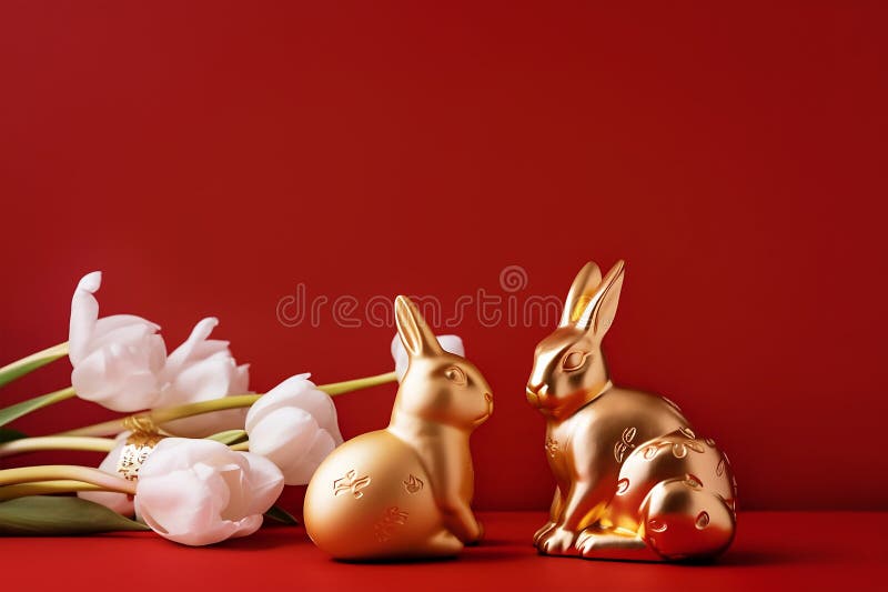 Golden Easter Bunny Figures Next To White Easter Spring Flowers on Red ...