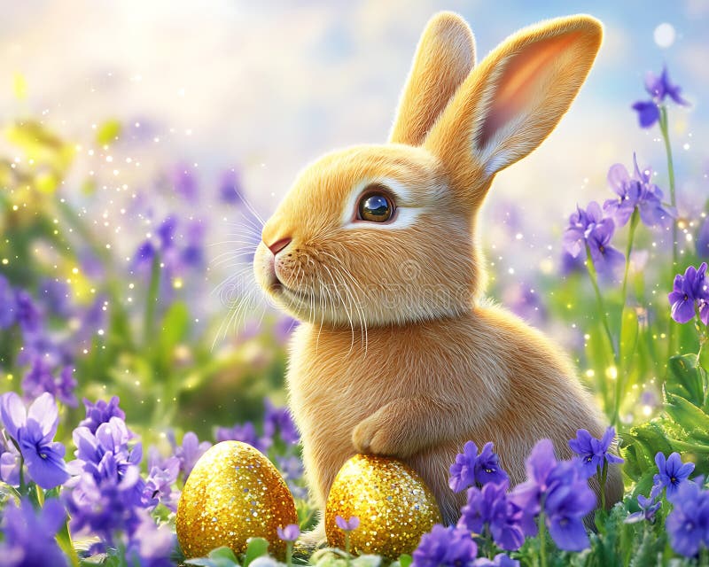 Golden Easter Bunny with Sparkling Eggs in a Vibrant Spring Meadow of ...