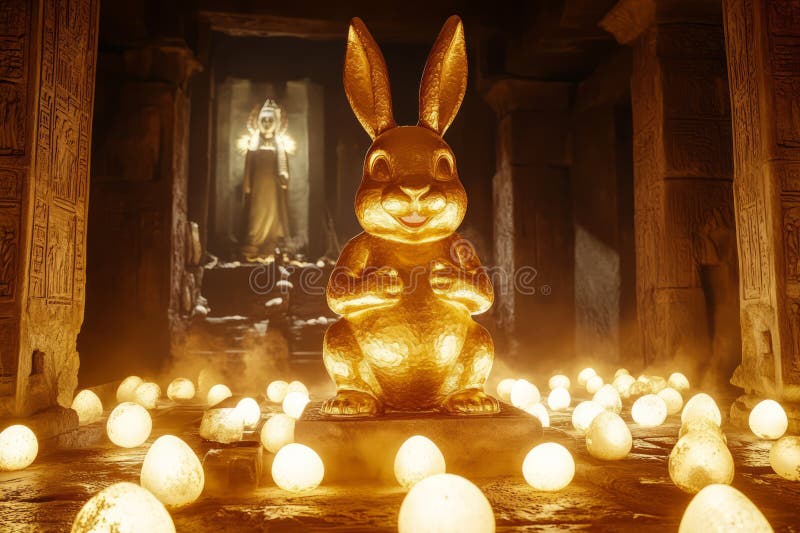 A Golden Easter Bunny Statue Standing in the Middle of an Ancient ...