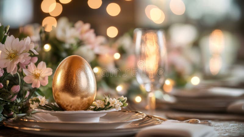 Golden Easter Egg on Elegant Table Setting Stock Illustration ...