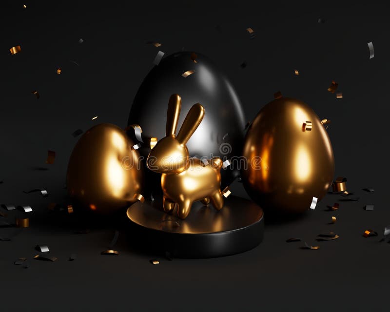 Golden Easter Eggs and a Golden Rabbit or Bunny, Black Background, 3d ...