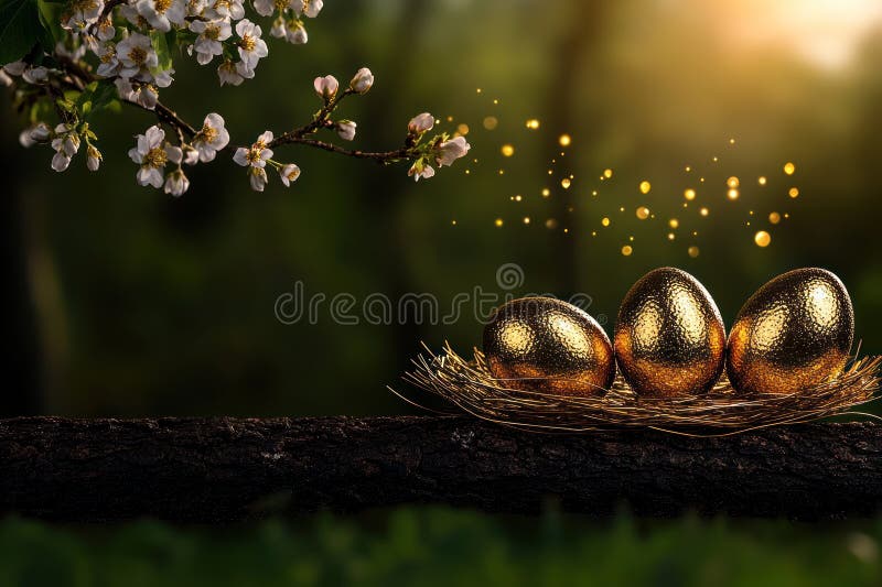 Golden Easter Eggs among Spring Flowers: Captivating Decorative ...